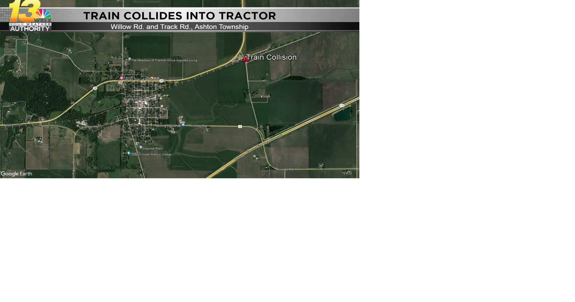 Map and banner - train collides into tractor.png | | wrex.com