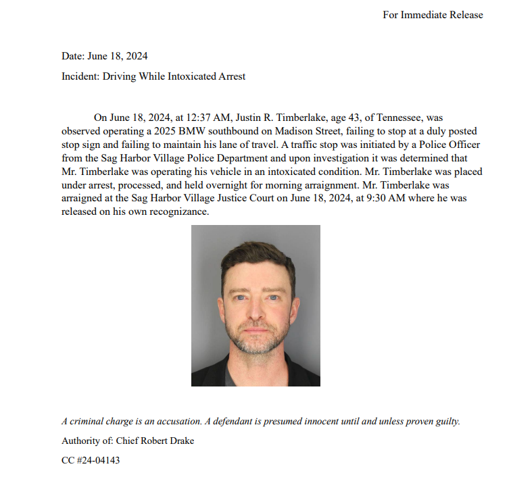 Justin Timberlakes Mugshot Released Police Detail Events Leading Up
