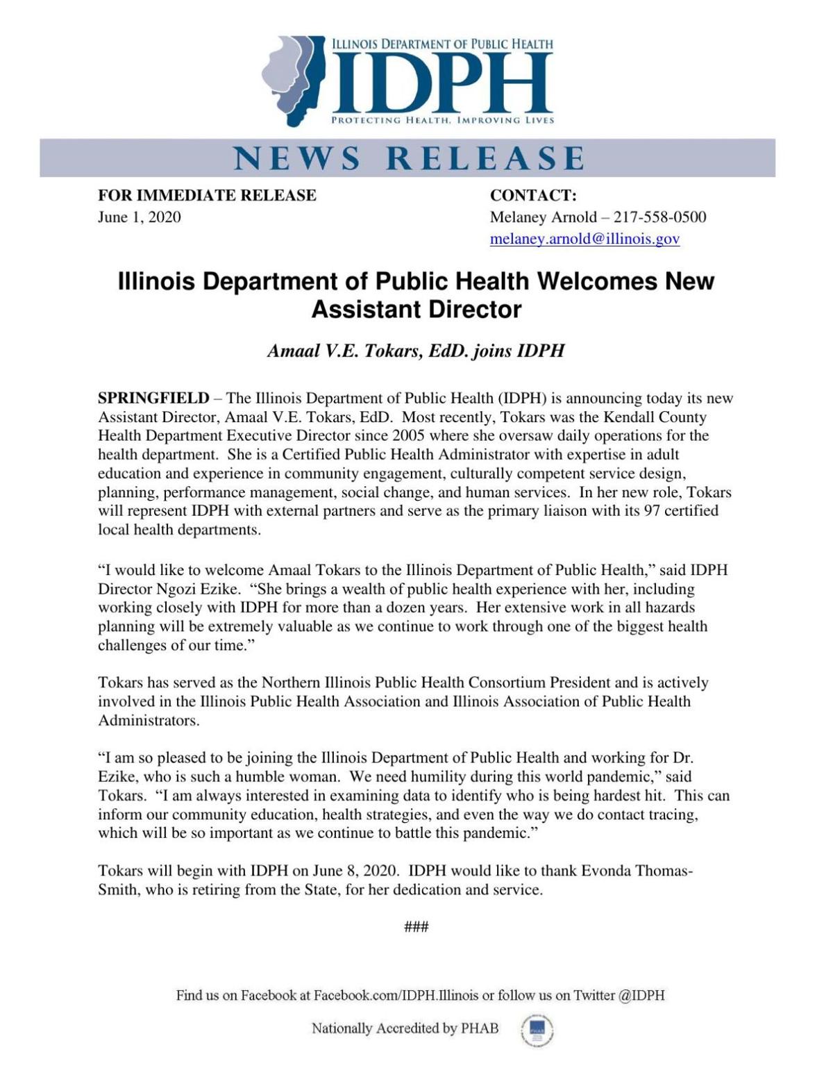 IDPH Press Release on Hiring of Dr. Amaal Tokars | | wspynews.com