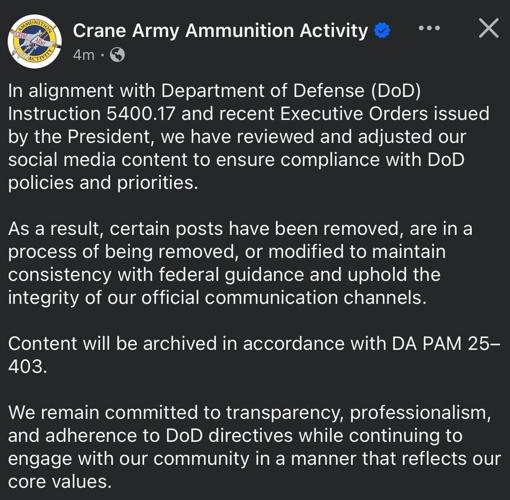 Crane military bases remove content to comply with new Pentagon policy ...