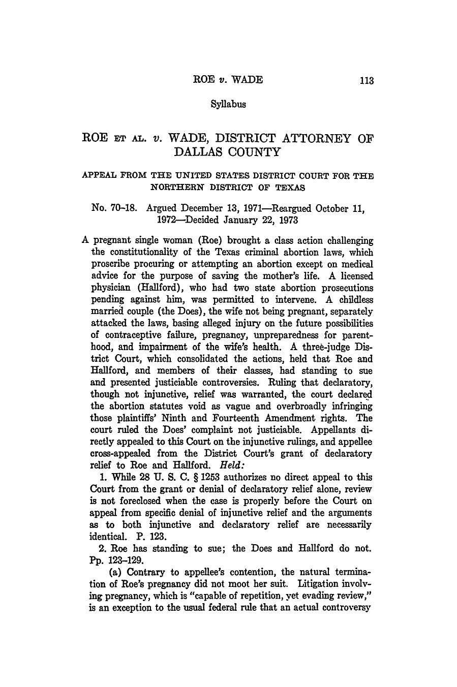 The history of Roe V. Wade and the United States Supreme Court's ...