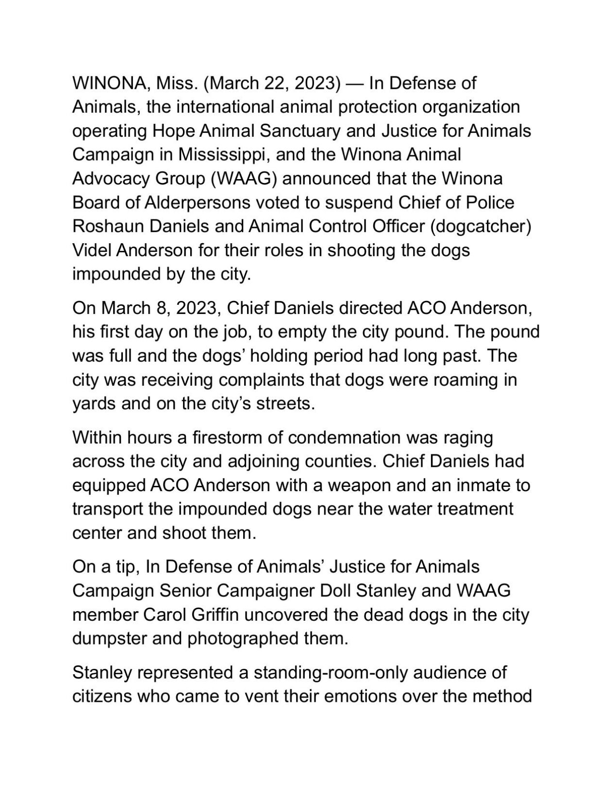 In Defense of Animals statement on Winona dogs | | wtva.com