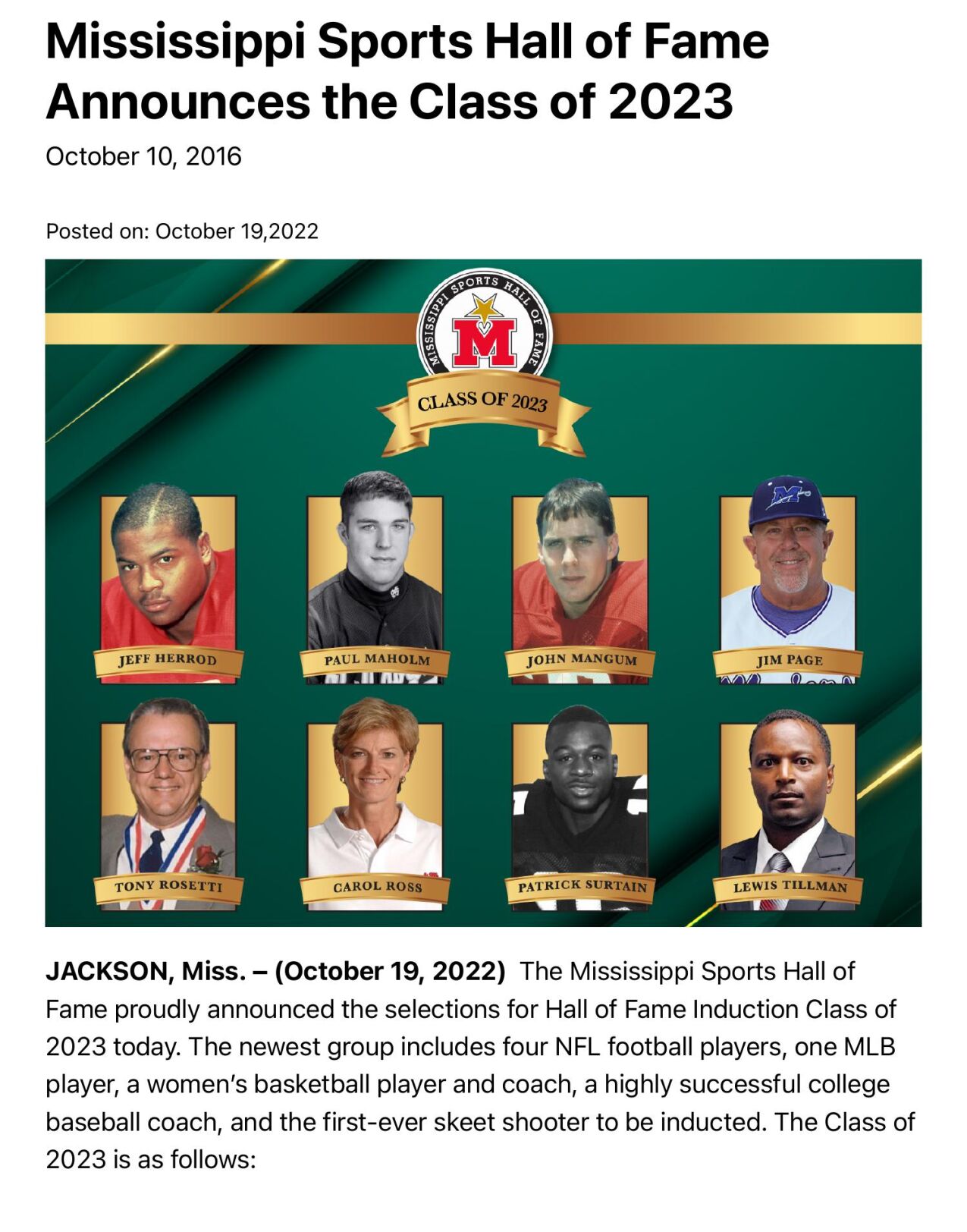 MS Sports Hall of Fame - Class 2023 | | wtva.com