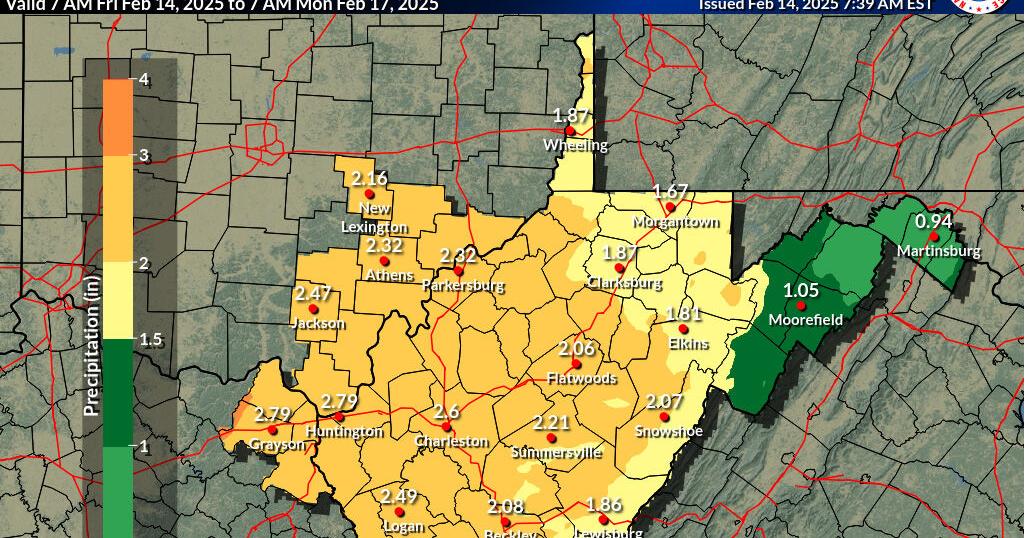 Precipitation forecast for West Virginia for Feb. 14-Feb. 17, 2025 from ...
