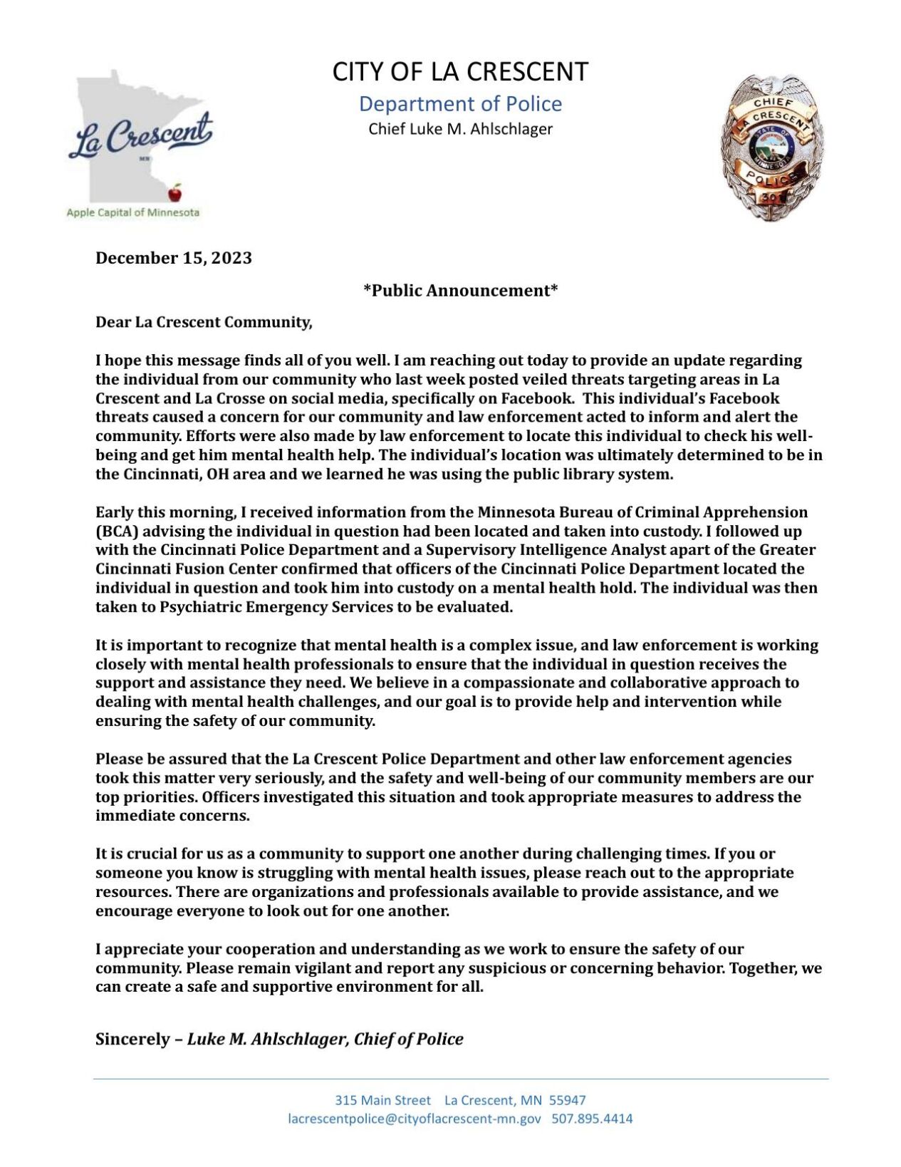 La Crescent Police Chief says person who made social media threats in ...