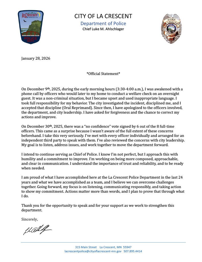 "I know I'm not perfect" La Crescent Police Chief releases statement on ...
