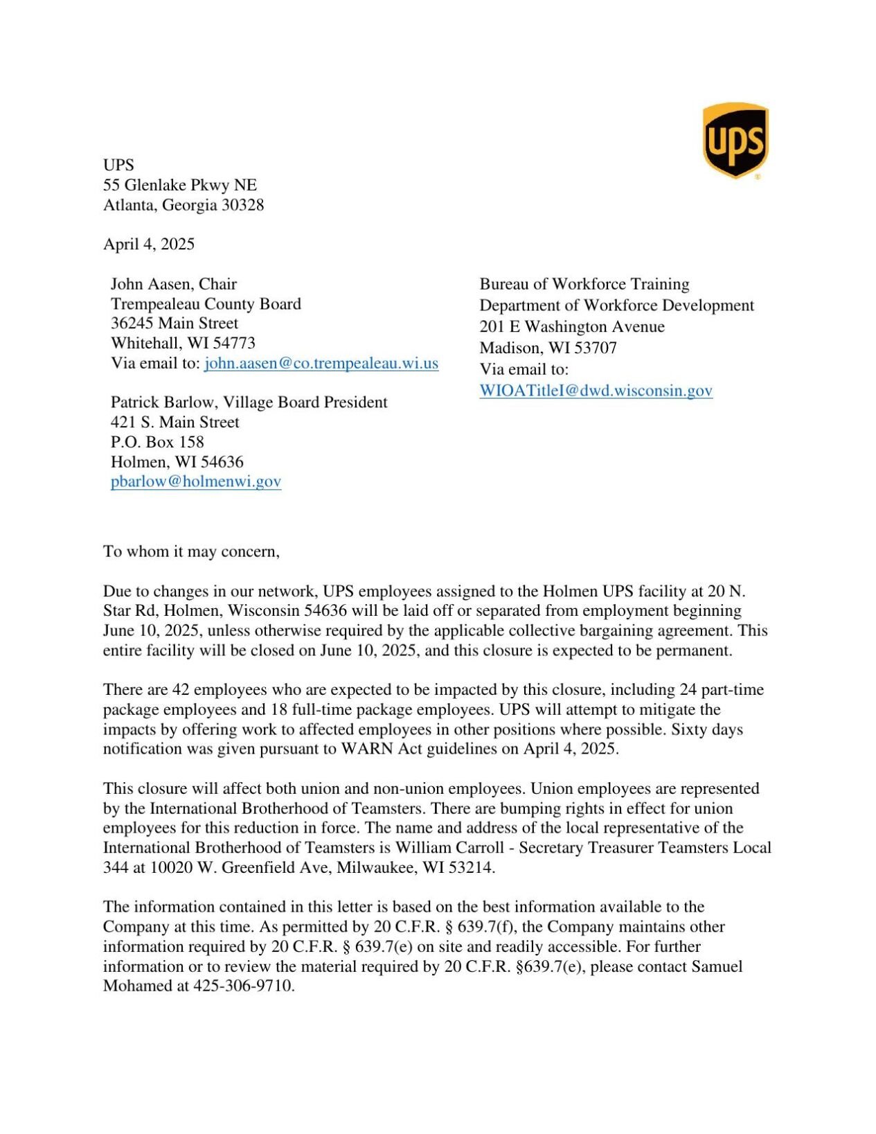 UPS facility to close in Holmen, laying off more than 40 employees ...