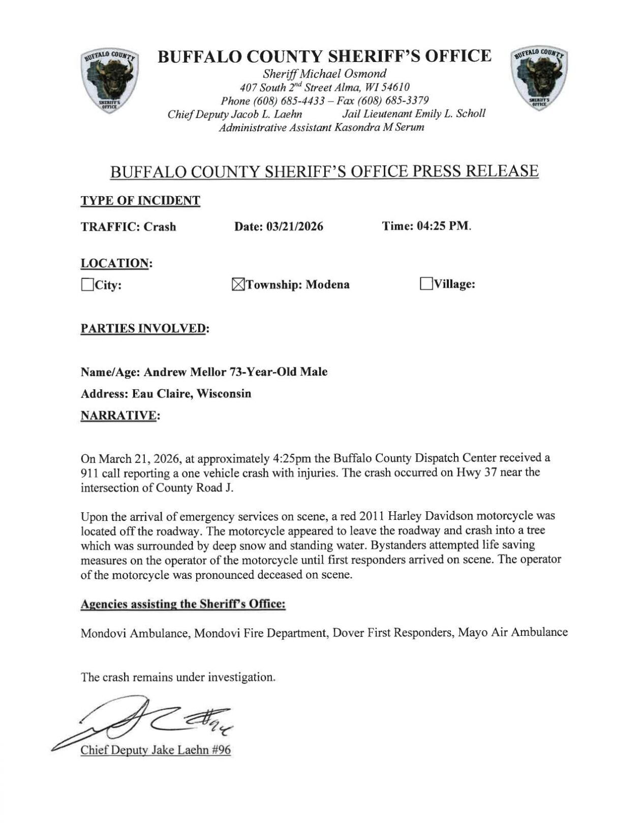 Eau Claire man killed in motorcycle crash in Buffalo County Saturday ...