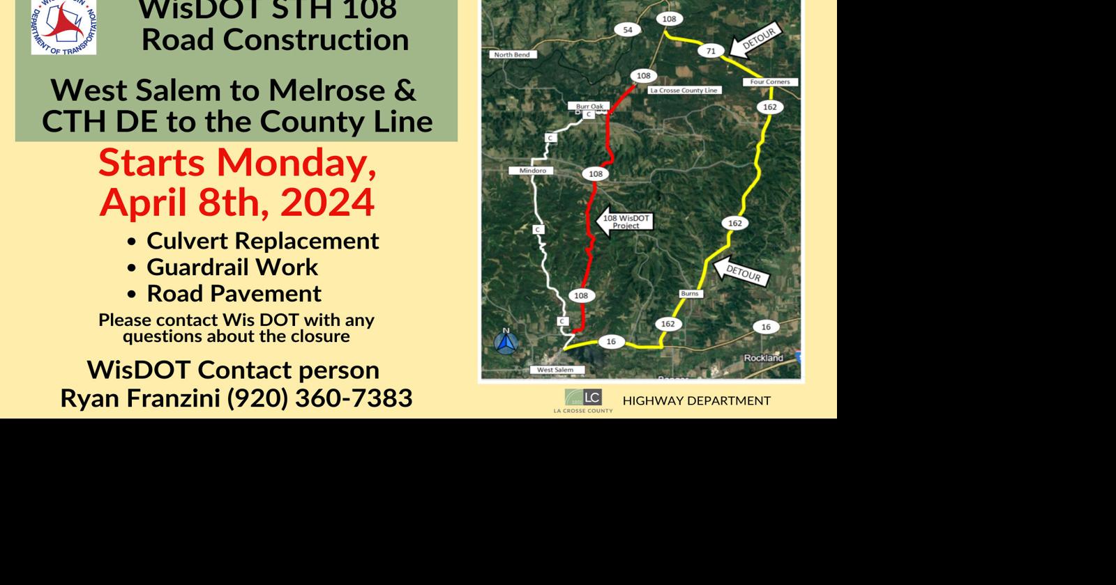 Reconstruction of Hwy. 108 in La Crosse Co. means closures, detours ...