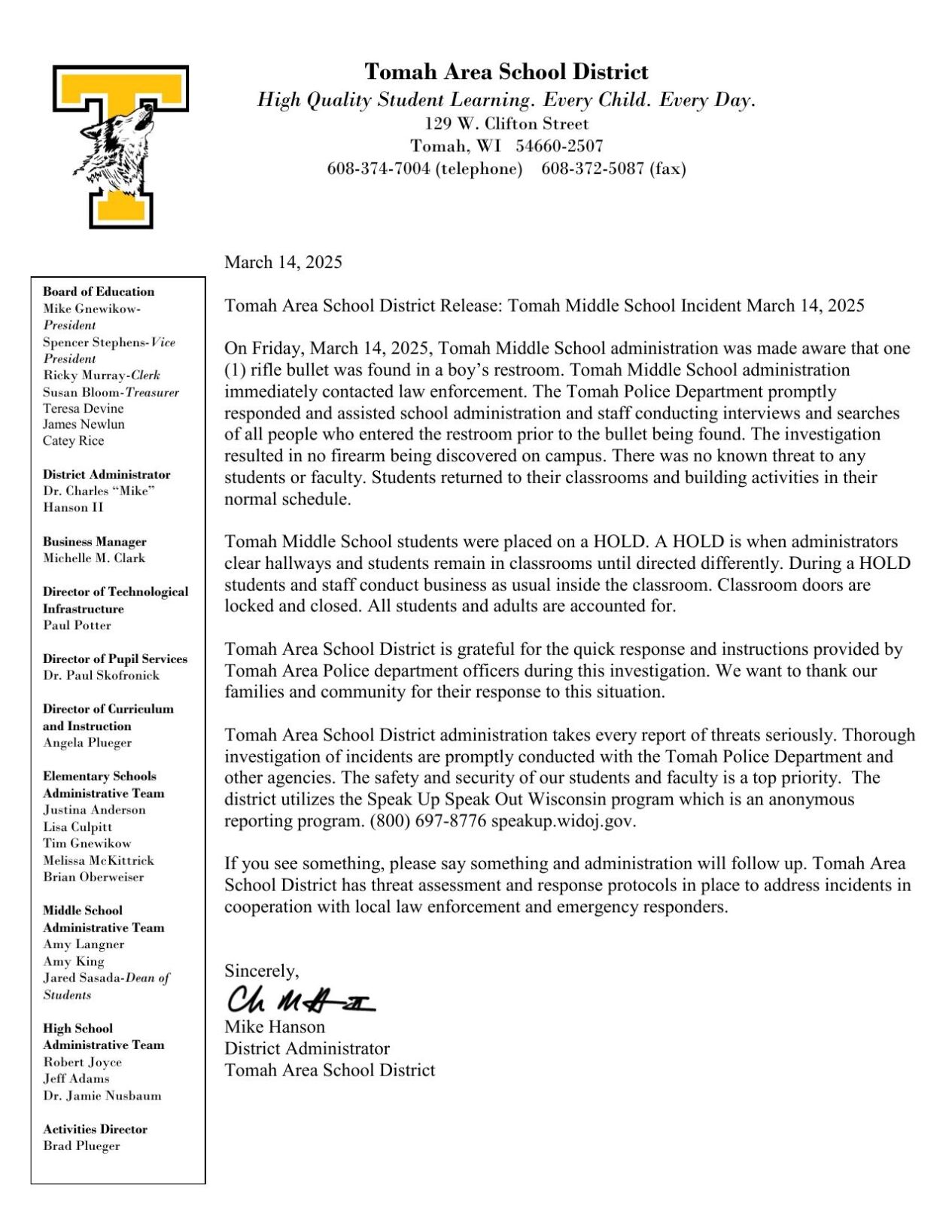 School placed on a hold after another bullet found in Tomah Middle ...