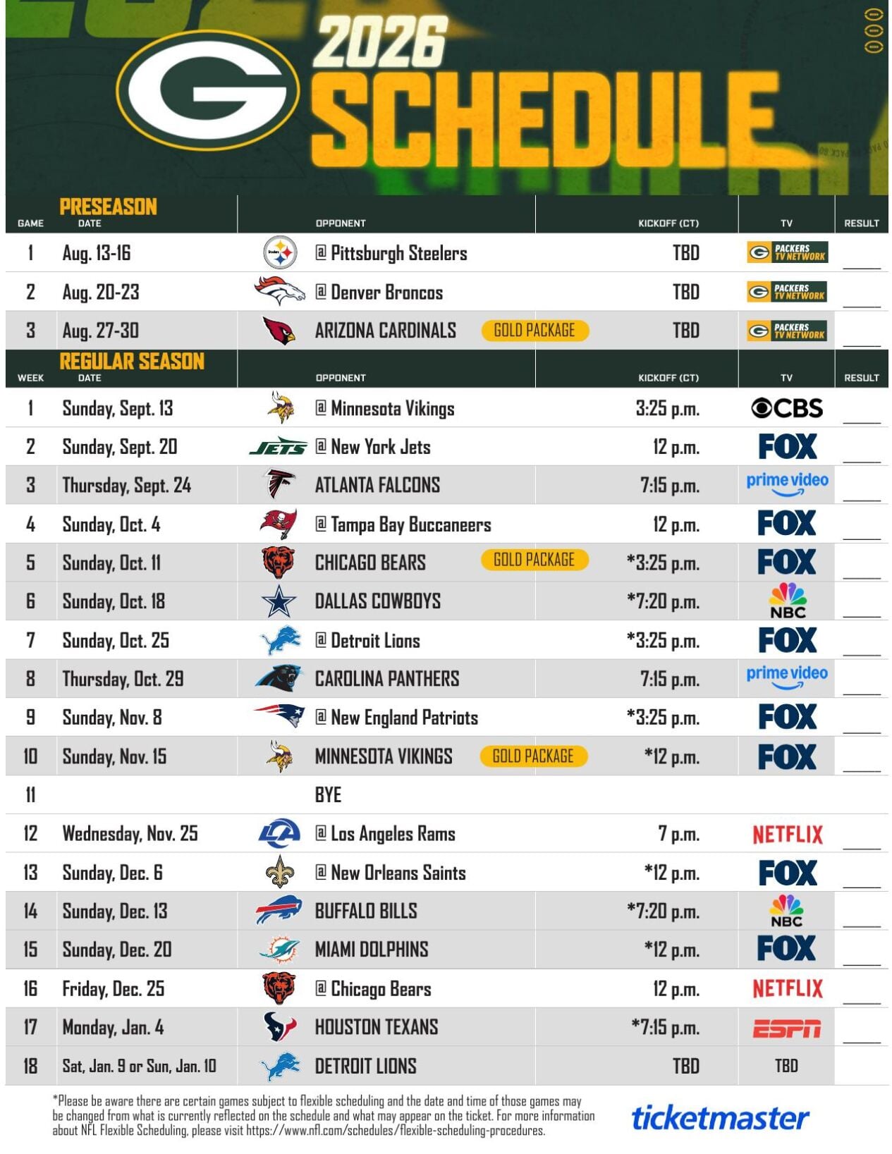 Green Bay Packers Full 2026 27 Schedule Released Season Kicks Off