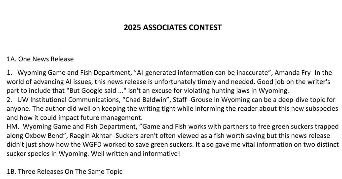 Associate Member Contest Winners 2025 | News | wyopress.org