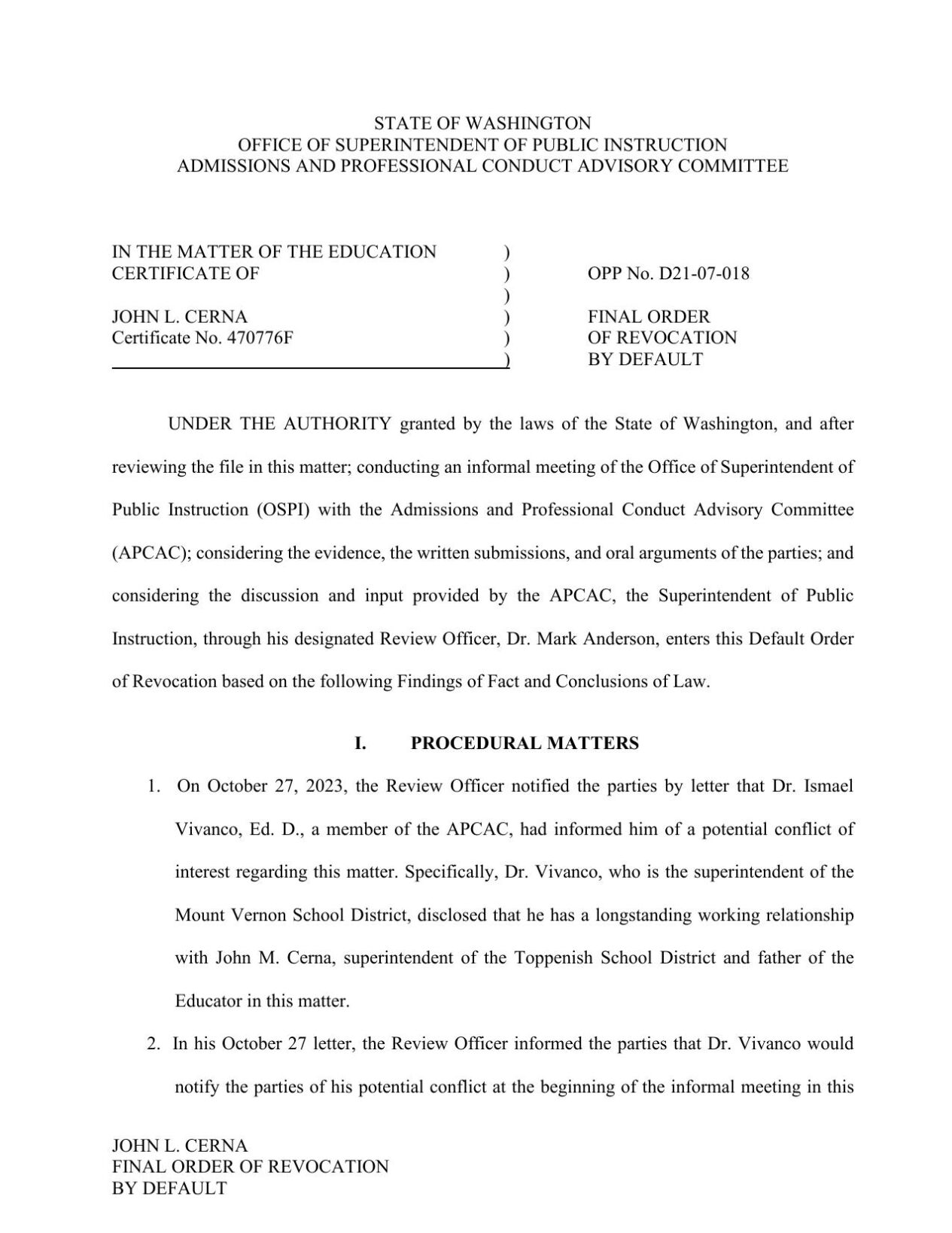 Final order revoking John L. Cerna's Education Certificate | Pdfs ...