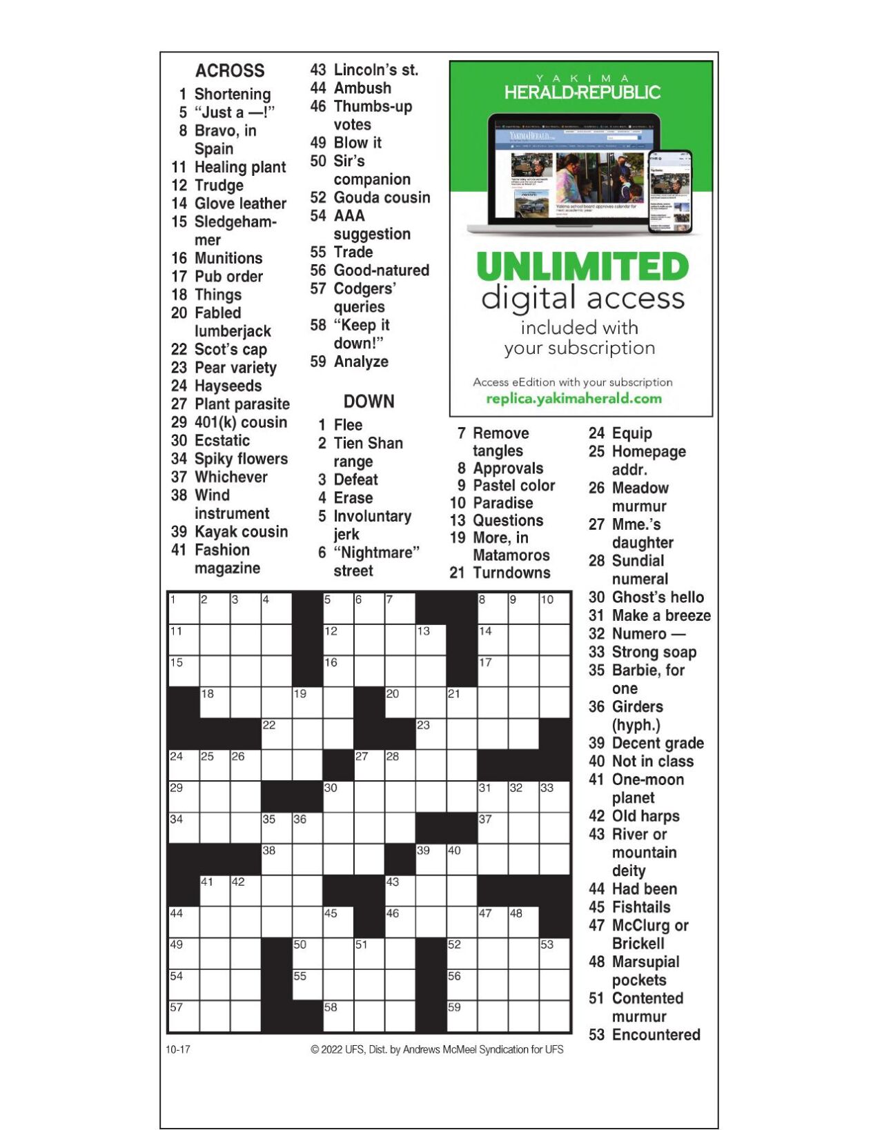 AM Crossword: Oct. 17, 2022 | Crosswords | yakimaherald.com