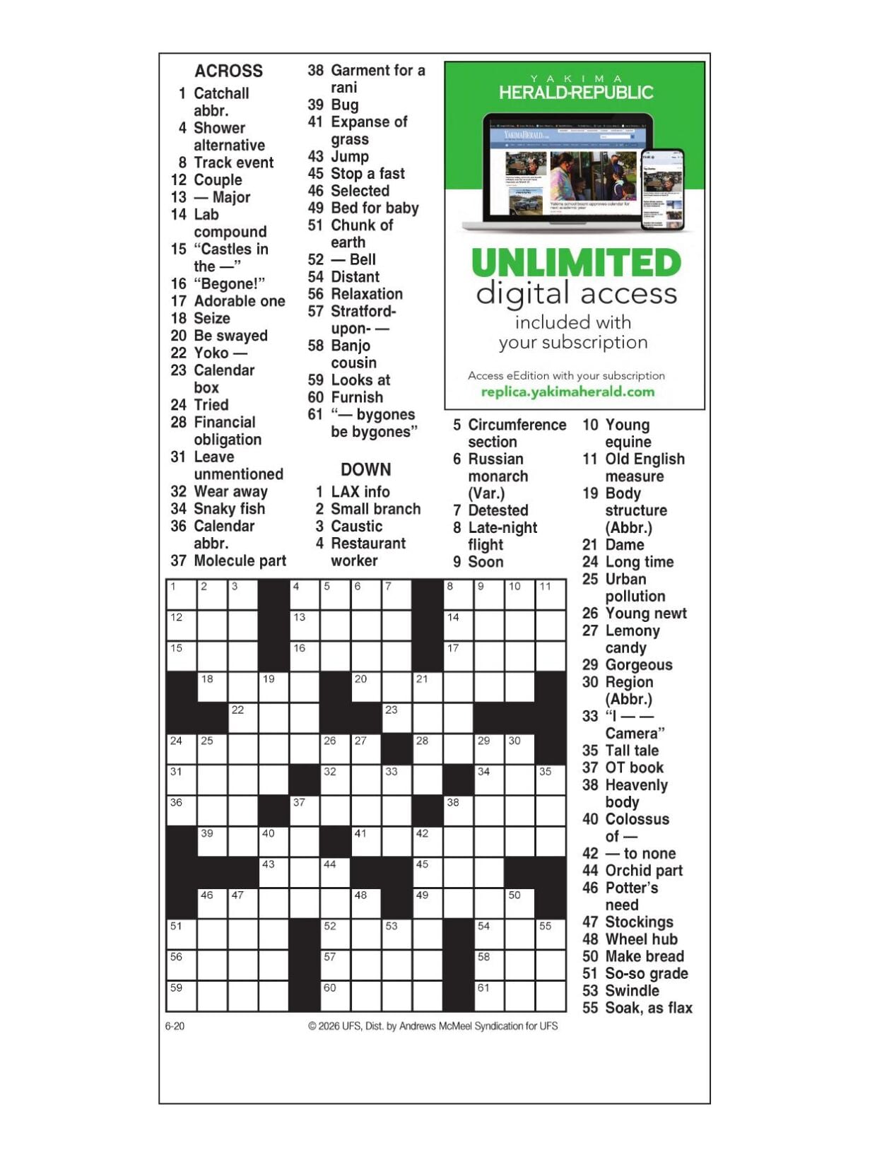 AM Crossword: June 20, 2026 | Crosswords | yakimaherald.com
