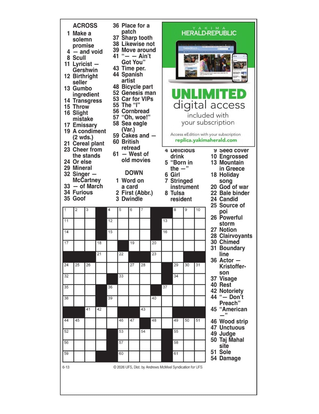 AM Crossword: June 13, 2026 | Crosswords | yakimaherald.com