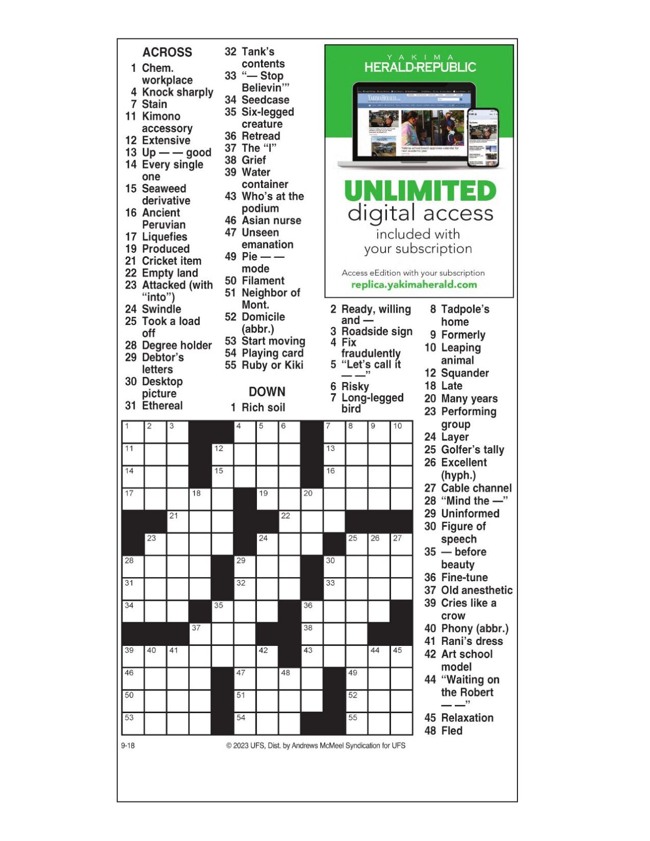 AM Crossword: Sept. 18, 2023 | Crosswords | yakimaherald.com