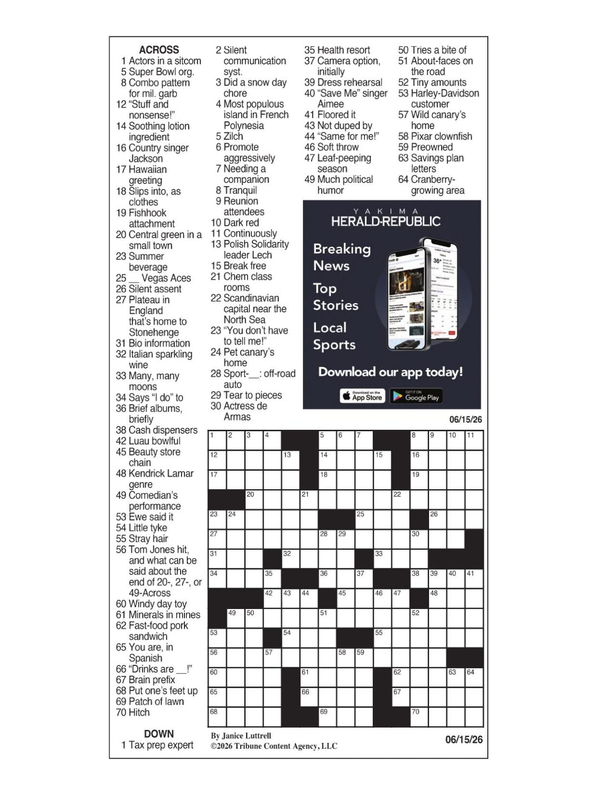 LA Times Crossword: June 15, 2026 | Crosswords | yakimaherald.com