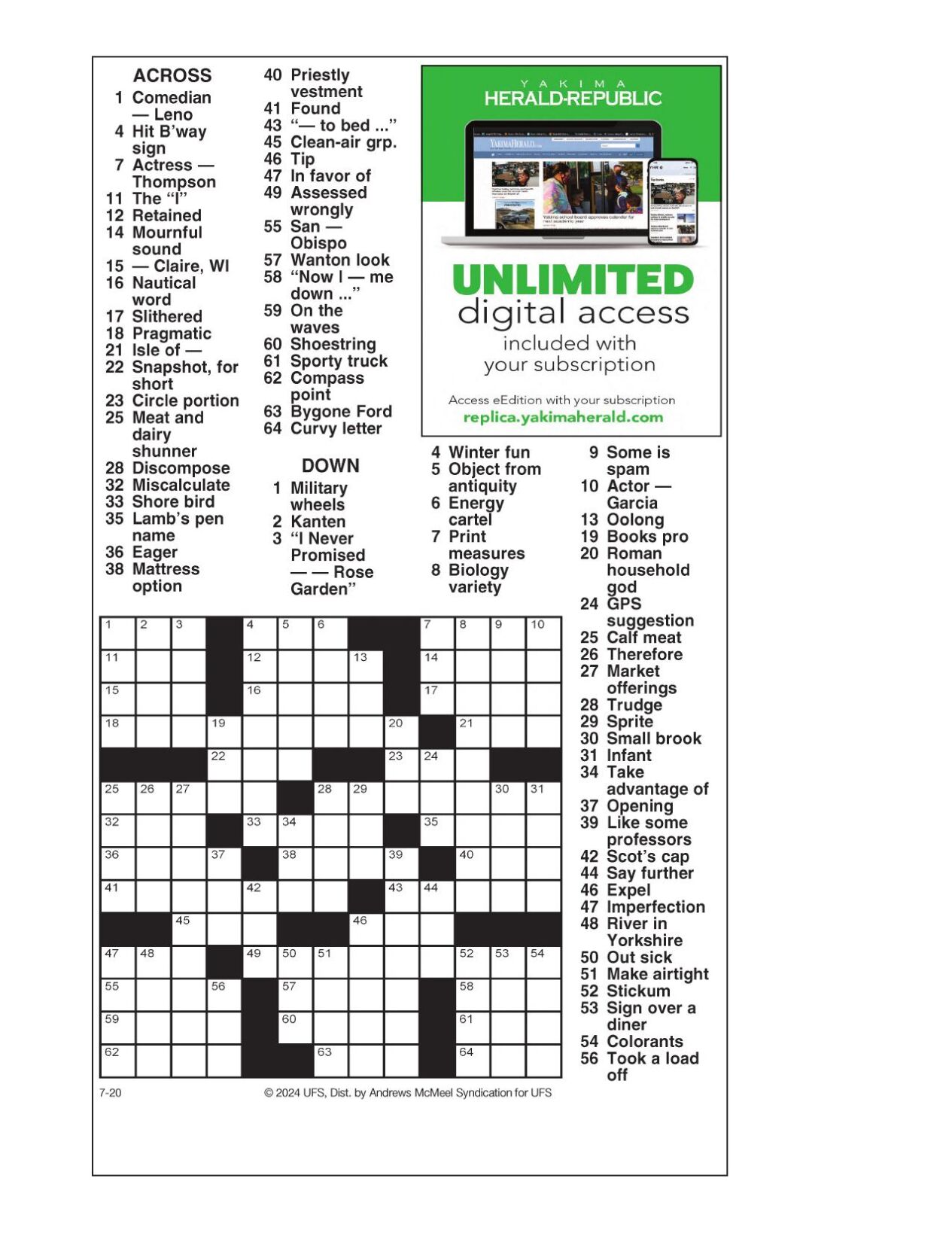 AM Crossword: July 20, 2024 | Crosswords | yakimaherald.com