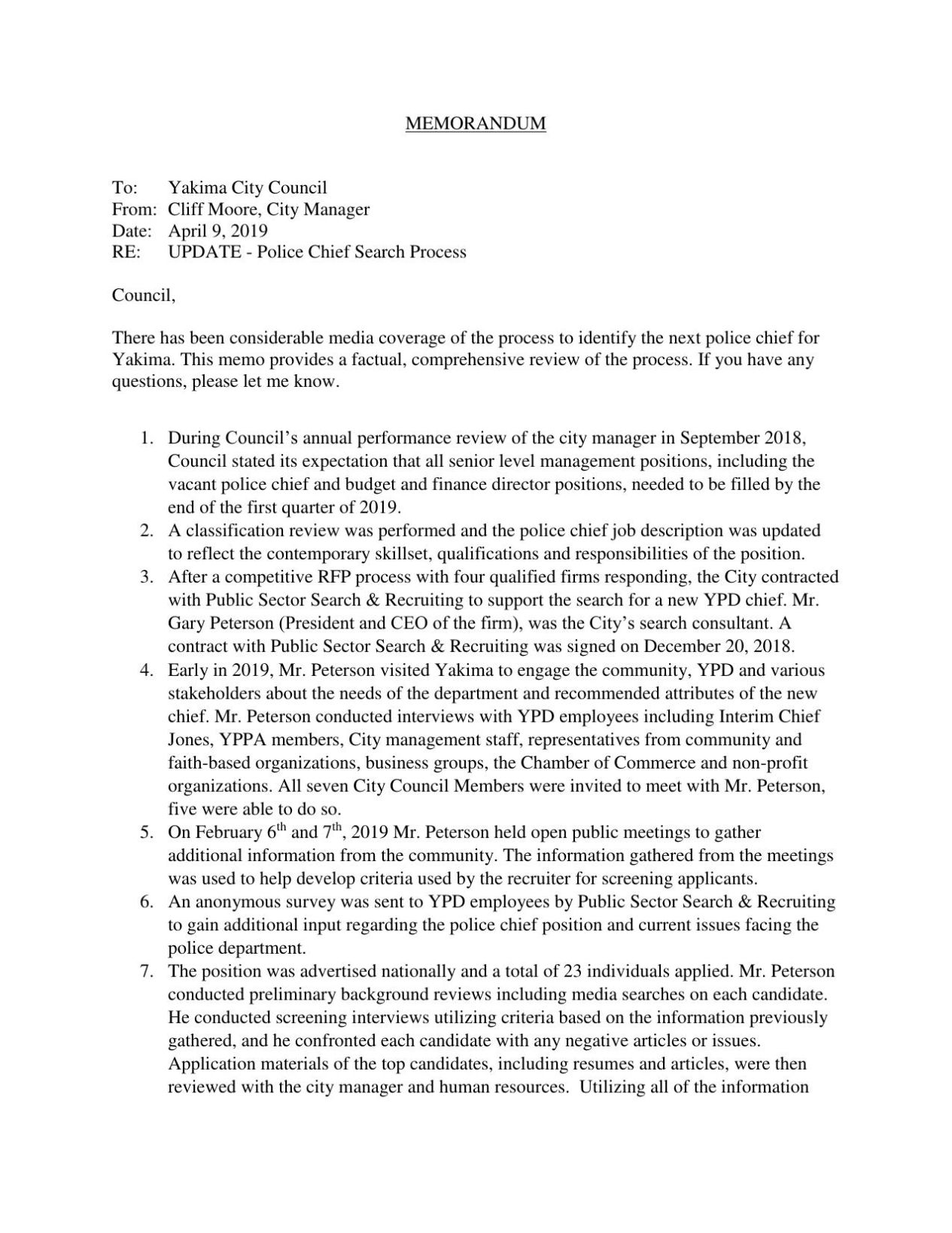 City manager memo calls police chief hiring process "thorough" and ...