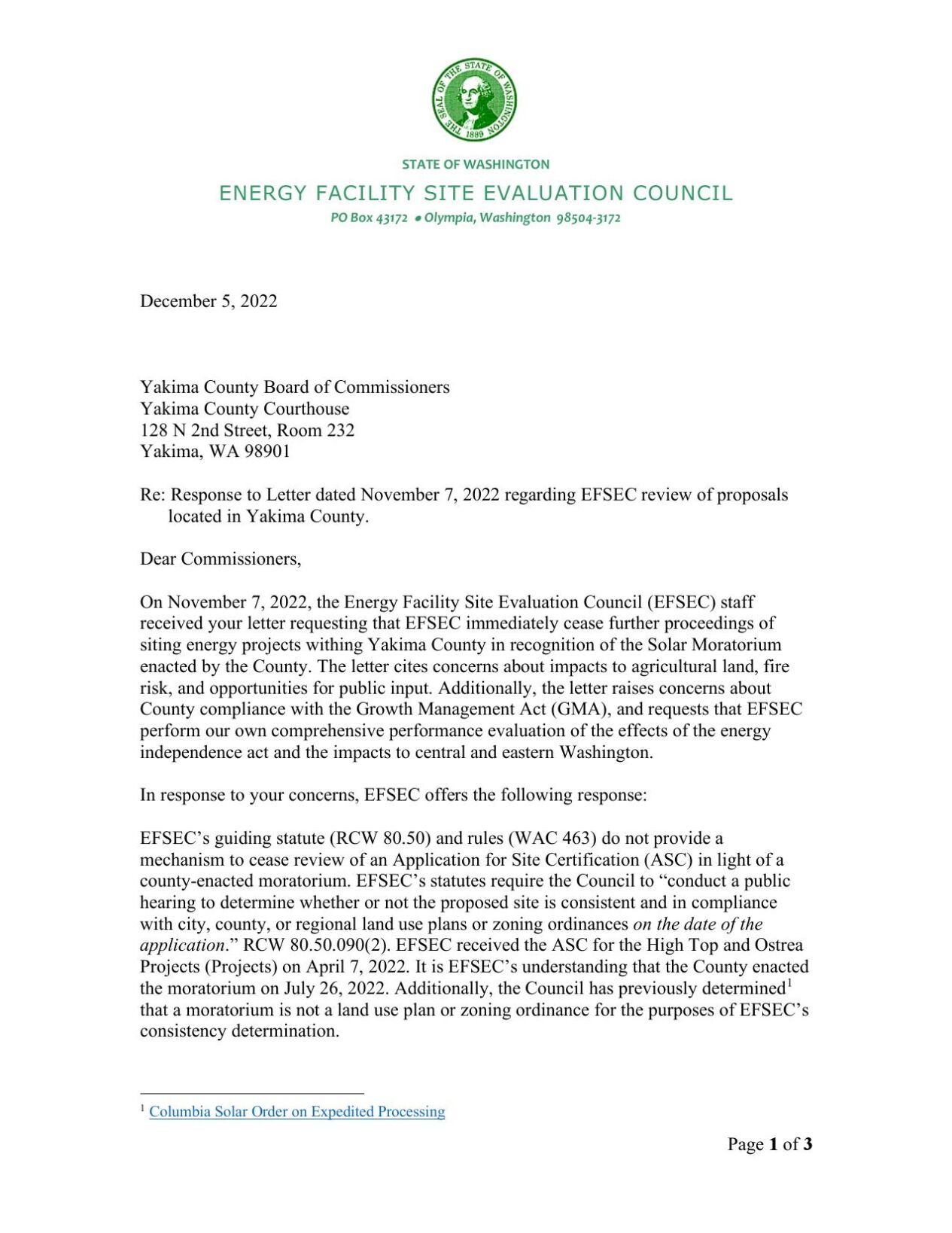 EFSEC letter to Yakima County Commissioners | | yakimaherald.com
