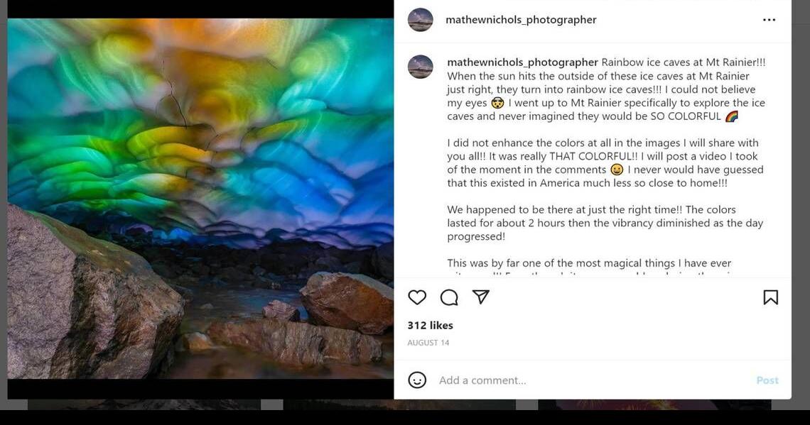 Mathew Nichols’ Instagram post showing a rainbow-hued ice cave at Mount ...
