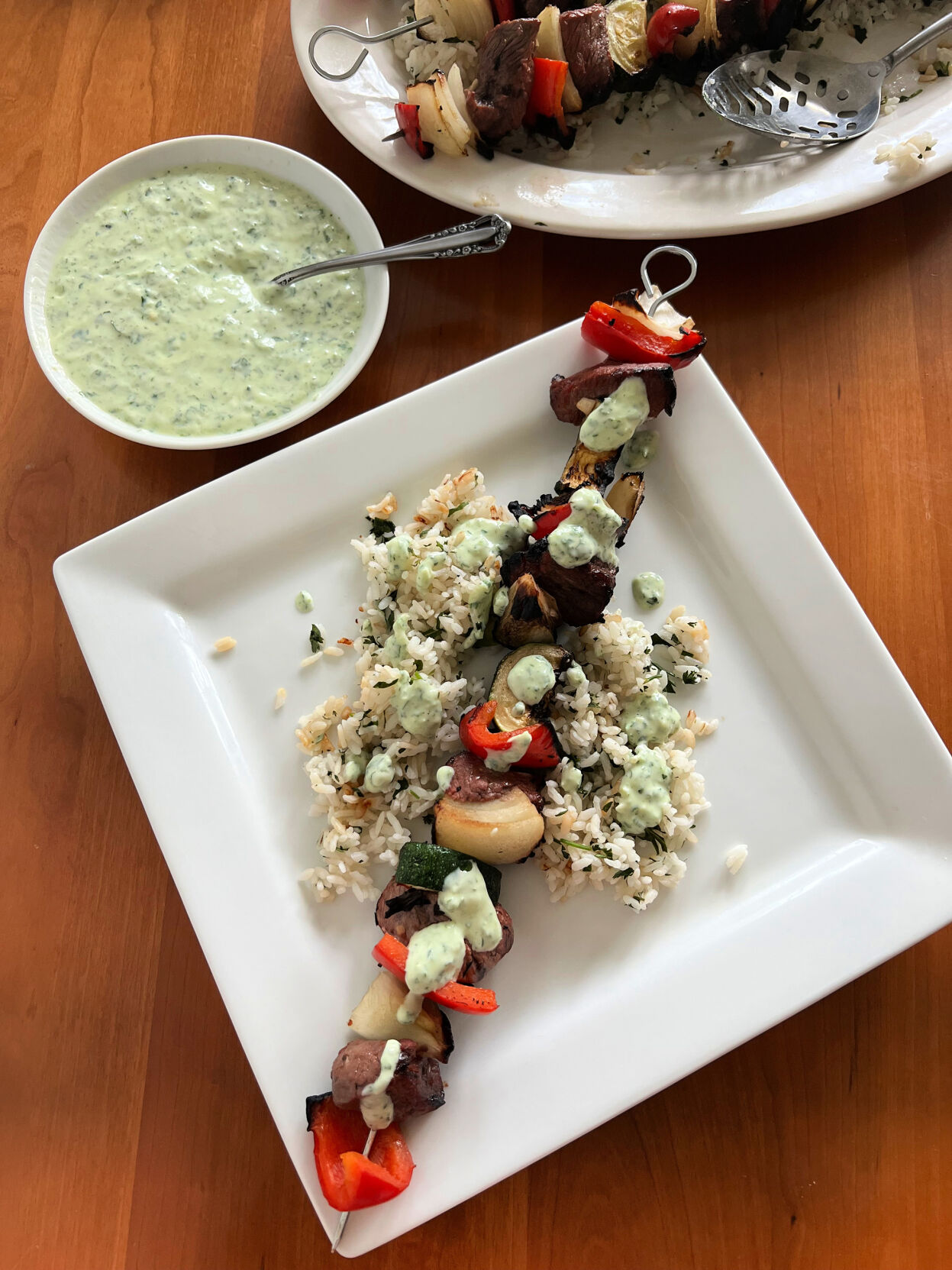 Grilled steak kebabs with spicy cilantro sauce make great summer meal ...